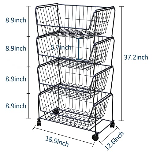 PUSDON 4-Tier Stackable Metal Storage Baskets, Anti-Rust Fruit Vegetable Rack, Dual Use Shelf for Kitchen, Home & Office, Black