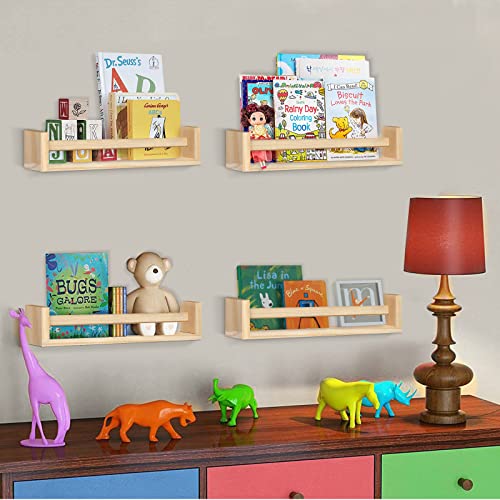 BOMID Wall Bookshelves,Set of 4 Natural Wood Floating Bookshelf,Nursery Shelves,Floating Book Shelves for Wall(Burlywood)