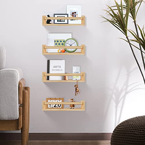 BOMID Wall Bookshelves,Set of 4 Natural Wood Floating Bookshelf,Nursery Shelves,Floating Book Shelves for Wall(Burlywood)