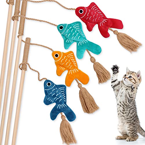 CiyvoLyeen Goldfishes Cat Wand Catnip Toys with Tassels Kitten Fishes Teaser Chew Knickknack Interactive Fishing Rod Pillows Catmint Plush Kitty Plaything Gift Ideas Set of 4