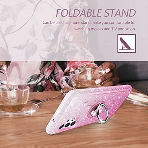 KSWOUS Galaxy A32 5G Case with 2 Pack Screen Protector, Crystal Clear Glitter Sparkly Bling Pink Protective Cover with Kickstand for Women Girls Slim Shockproof Case for Samsung A32 5G (Pink)