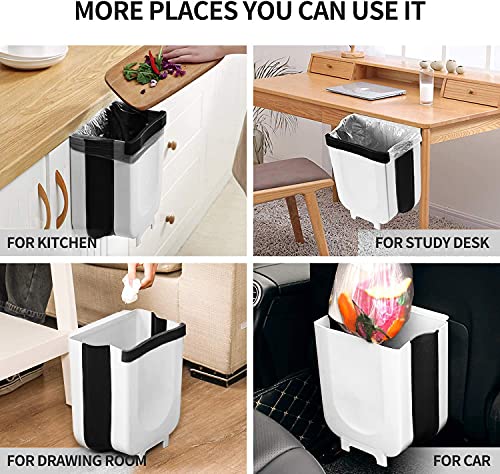 SheMarie Hanging Collapsible Trash Can - 9L Wall Mounted Foldable Waste Bin for Kitchen Cabinet Door - Quickly Clean Counter, Sink, Bathroom - RV, Car, Camping Folding Garbage Basket (White)