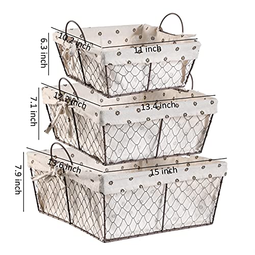 Motifeur Metal Farmhouse Storage Baskets With Removable Liner (Set of 3, White with Floral Pattern) (Short-Set of 3)