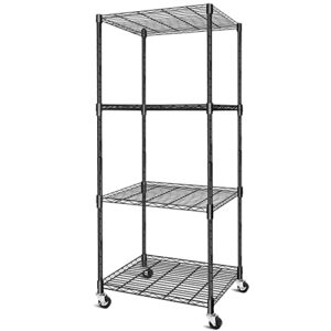 n&f hlyluoyi 4-shelf storage rack, garage shelves heavy duty，metal shelving with wheels, 165 pounds per utility shelf unit, wire rack organizer, black(13.4d x 23.2w x 49.8h)