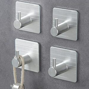 Dehomy Self Adhesive Hook Stick on Wall Door Cabinet Heavy Duty Stainless Steel Tools for Hanging Loofah Washcloth Towel, Coat Clothes, Specialized for Hanging Kitchen, Bathroom, Restroom 4 Pack