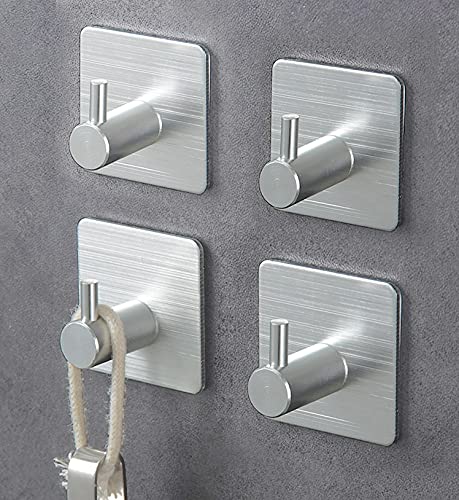 Dehomy Self Adhesive Hook Stick on Wall Door Cabinet Heavy Duty Stainless Steel Tools for Hanging Loofah Washcloth Towel, Coat Clothes, Specialized for Hanging Kitchen, Bathroom, Restroom 4 Pack