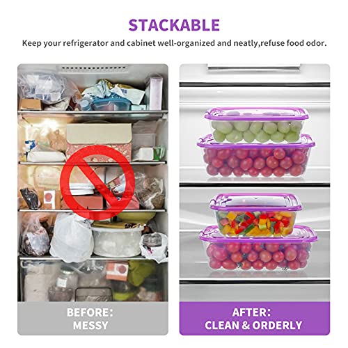 KIGI 【6 PACK】 Plastic Food Storage Containers with Lids Airtight Square Meal Prep Containers,Microwave,Freeze,Dishwasher Safe (Transparent-Purple, 67.6oz-6 Pack)