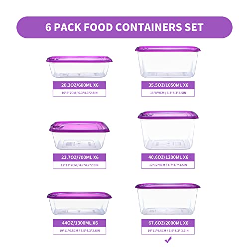 KIGI 【6 PACK】 Plastic Food Storage Containers with Lids Airtight Square Meal Prep Containers,Microwave,Freeze,Dishwasher Safe (Transparent-Purple, 67.6oz-6 Pack)