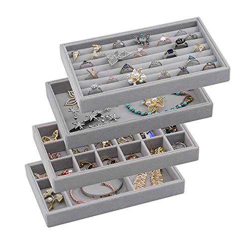 Tasybox Velvet Jewelry Trays Organizer for Drawers, Small Stackable Jewelry Display Tray for Ring Earring Bangle Bracelet Necklace, Set of 4, Gray