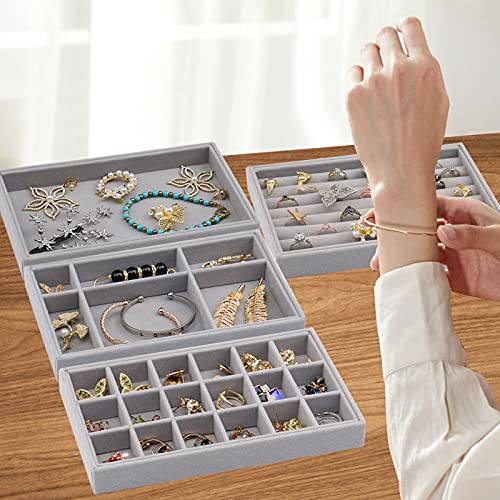 Tasybox Velvet Jewelry Trays Organizer for Drawers, Small Stackable Jewelry Display Tray for Ring Earring Bangle Bracelet Necklace, Set of 4, Gray