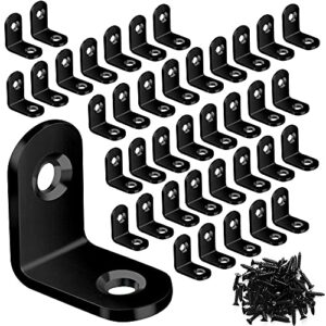 40pcs l bracket corner brace sets, stainless steel corner bracket, 90 degree right angle bracket, metal l brackets for shelves wood furniture cabinet chair drawer with 80pcs screws, black (20mmx20mm)