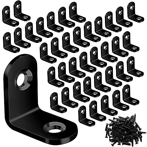 40PCS L Bracket Corner Brace Sets, Stainless Steel Corner Bracket, 90 Degree Right Angle Bracket, Metal L Brackets for Shelves Wood Furniture Cabinet Chair Drawer with 80PCS Screws, Black (20mmx20mm)