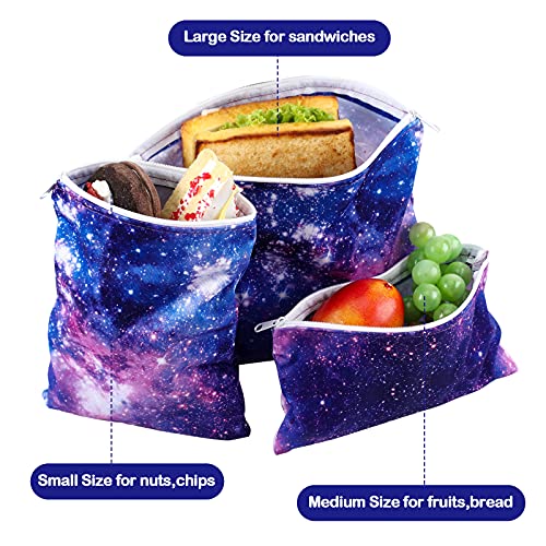 5 Pieces Reusable Sandwich and Snack Bags Safe, Snack Bags with Zipper for Store Preserves, Snacks and Sandwiches, with 2 Large 2 Medium and 1 Small Bags (Galaxy Loop Pattern)