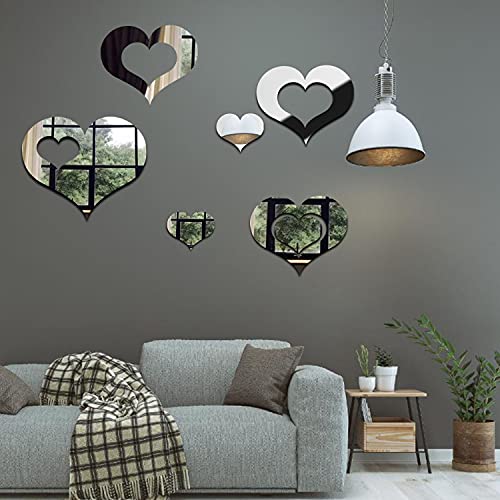 KIMOBER 13PCS Heart Shape Mirror Wall Stickers, Valentine's Day Silver Acrylic Removable Self-Adhesive Mirror Decals for Home Decorations