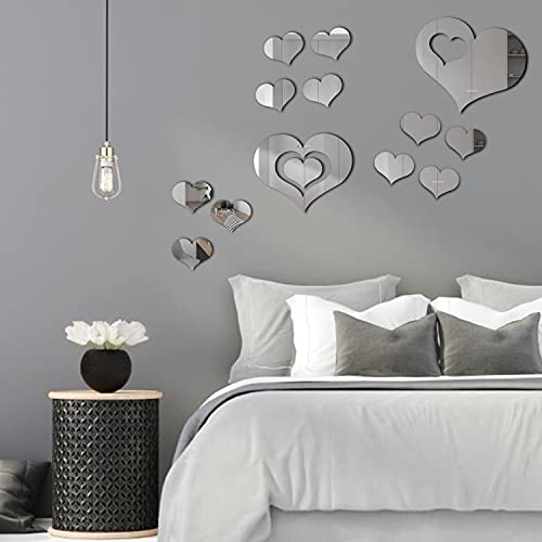 KIMOBER 13PCS Heart Shape Mirror Wall Stickers, Valentine's Day Silver Acrylic Removable Self-Adhesive Mirror Decals for Home Decorations