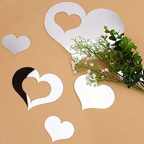 KIMOBER 13PCS Heart Shape Mirror Wall Stickers, Valentine's Day Silver Acrylic Removable Self-Adhesive Mirror Decals for Home Decorations