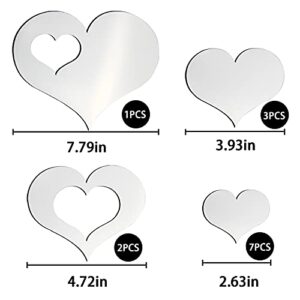 KIMOBER 13PCS Heart Shape Mirror Wall Stickers, Valentine's Day Silver Acrylic Removable Self-Adhesive Mirror Decals for Home Decorations