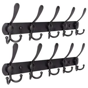 qihtldsy coat rack wall mount, stainless steel coat hooks, 5 tri hooks, heavy duty hook rail for coat hat towel bag purse robes bedroom kitchen bathroom entryway (black, 2 packs)