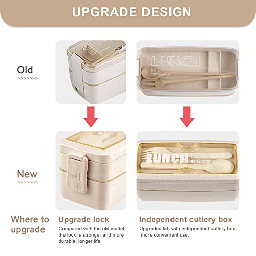 NatraProw Bento Box Adult Lunch Box with Bag, 2 layer Leakproof Lunch Box with Containers Included, BPA Free, Wheat Straw, BPA Free, Microwave Safe, Khaki