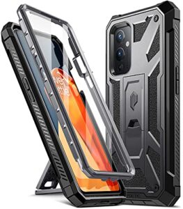 poetic spartan series designed for oneplus 9 5g case, full-body rugged shockproof protective cover with [premium leather texture], kickstand and built-in screen protector, metallic gun metal