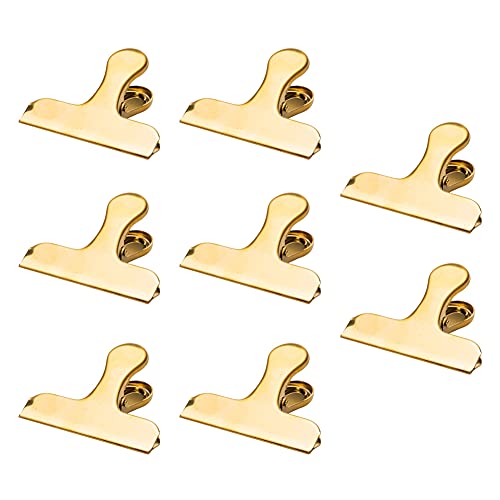 Set of 8 Golden Stainless Steel Chip Bag Clips, ZUYYON 3 x 2.4 Inch Tight Durable Paper Seal Grip for Coffee Food Bread Bags, Kitchen Home Office Usage(Golden)