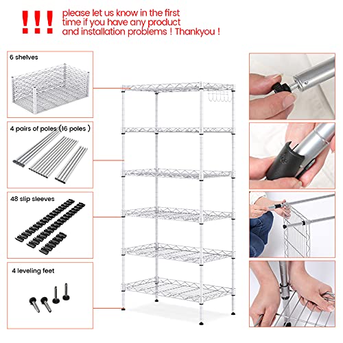 ALPHINO 6-Shelf Shelving Storage Unit ,Heavy Duty Metal Organizer Wire Rack with Leveling Feet , Stainless Side Hooks for Bathroom Kitchen Garage 750Lbs Capacity (Silver)