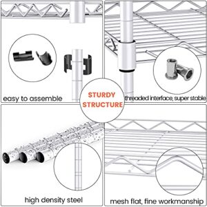 ALPHINO 6-Shelf Shelving Storage Unit ,Heavy Duty Metal Organizer Wire Rack with Leveling Feet , Stainless Side Hooks for Bathroom Kitchen Garage 750Lbs Capacity (Silver)