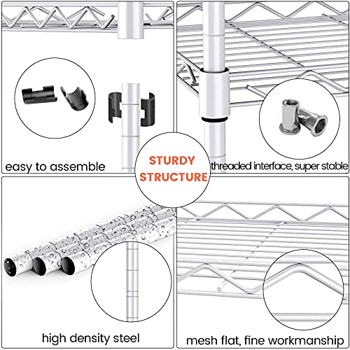 ALPHINO 6-Shelf Shelving Storage Unit ,Heavy Duty Metal Organizer Wire Rack with Leveling Feet , Stainless Side Hooks for Bathroom Kitchen Garage 750Lbs Capacity (Silver)