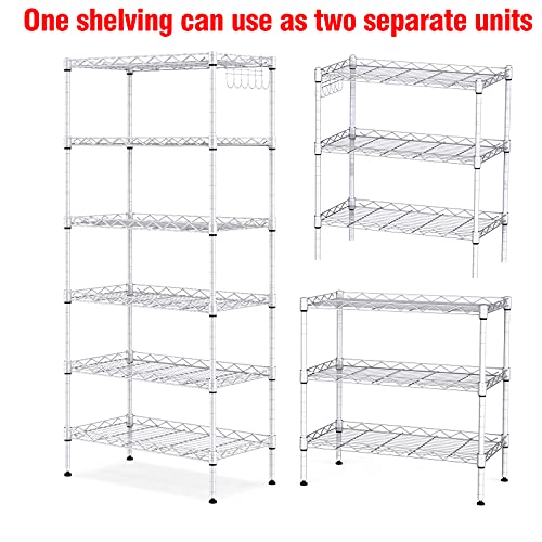 ALPHINO 6-Shelf Shelving Storage Unit ,Heavy Duty Metal Organizer Wire Rack with Leveling Feet , Stainless Side Hooks for Bathroom Kitchen Garage 750Lbs Capacity (Silver)