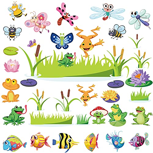 34 Pieces Funky Frogs Bulletin Board Set Frog Cattails Dragonflies Lily Pads Butterfly Bee Fish Bird Accent Bulletin Board Cut-Outs Summertime Bulletin Board Cutouts Classroom Theme Decoration