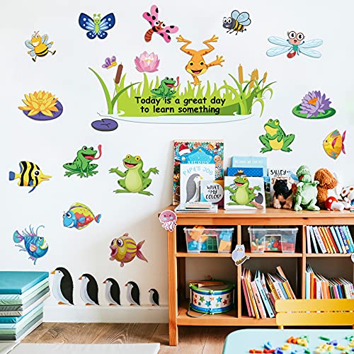 34 Pieces Funky Frogs Bulletin Board Set Frog Cattails Dragonflies Lily Pads Butterfly Bee Fish Bird Accent Bulletin Board Cut-Outs Summertime Bulletin Board Cutouts Classroom Theme Decoration