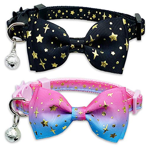 Pohshido 2 Pack Cat Collar with Bow Tie and Bell, Kitty Kitten Starshine Collar Breakaway Collar for Males Females Boys and Girls Cats (Rainbow+Black)