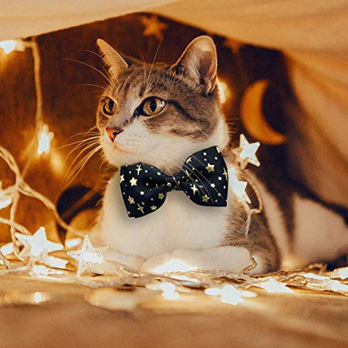 Pohshido 2 Pack Cat Collar with Bow Tie and Bell, Kitty Kitten Starshine Collar Breakaway Collar for Males Females Boys and Girls Cats (Rainbow+Black)