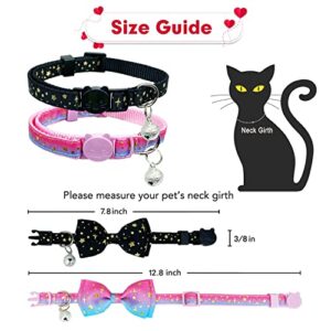 Pohshido 2 Pack Cat Collar with Bow Tie and Bell, Kitty Kitten Starshine Collar Breakaway Collar for Males Females Boys and Girls Cats (Rainbow+Black)