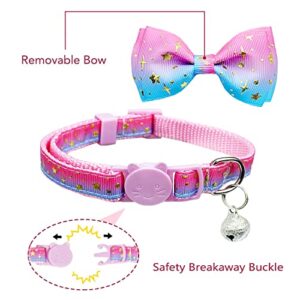 Pohshido 2 Pack Cat Collar with Bow Tie and Bell, Kitty Kitten Starshine Collar Breakaway Collar for Males Females Boys and Girls Cats (Rainbow+Black)