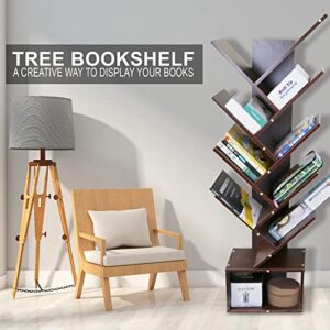 Tree Bookshelf with Drawer Rustic Brown Bookcase 9-Tier Book Rack Free Standing Book Storage Organizer Shelves, Wooden Rack Organizer Shelves for CD Movies/Books Home Office Living Room Bedroom