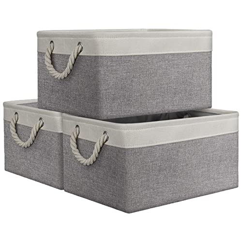 Hiwxyza Large Fabric Storage BoxesToy Baskets, Decorative Baskets with Handles, Collapsible Baskets for Organizing, Storage Baskets for Shelves, Toys, Clothes, Office (Grey/ White, 3 Pack)