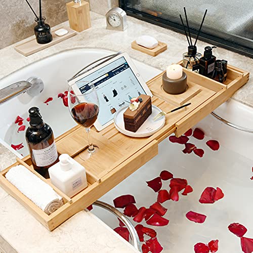 YOUHAO Luxury Bamboo Bathtub Tray, Expandable Bathtub Caddy with Reading Rack or Tablet Holder,Bath Table Trays Includes a Wine Glass Holder