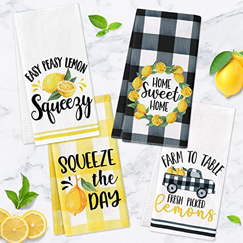 Vansolinne Lemon Kitchen Towels Lemonade Summer Tea Towels Yellow Black Buffalo Plaid Squeeze The Day Farmhouse Absorbent Dishcloths for Cleaning Drying Cooking Baking Set of 4