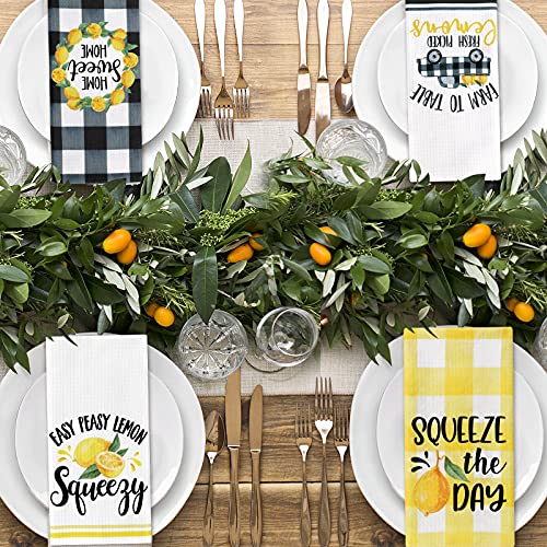 Vansolinne Lemon Kitchen Towels Lemonade Summer Tea Towels Yellow Black Buffalo Plaid Squeeze The Day Farmhouse Absorbent Dishcloths for Cleaning Drying Cooking Baking Set of 4