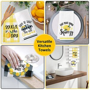 Vansolinne Lemon Kitchen Towels Lemonade Summer Tea Towels Yellow Black Buffalo Plaid Squeeze The Day Farmhouse Absorbent Dishcloths for Cleaning Drying Cooking Baking Set of 4