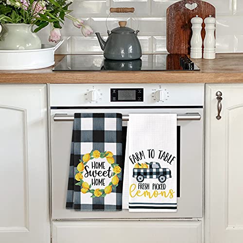 Vansolinne Lemon Kitchen Towels Lemonade Summer Tea Towels Yellow Black Buffalo Plaid Squeeze The Day Farmhouse Absorbent Dishcloths for Cleaning Drying Cooking Baking Set of 4