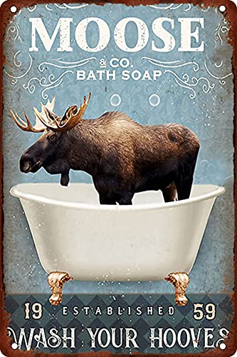 Moose Co. Bath Soap Wash Your Hooves Metal Tin Sign Moose Decor Signs Wall Metal Poster for Office Cafe Bathroom Badroom 8x12 Inch