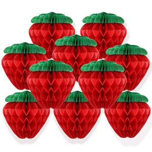 skylety 10 pieces 6 inch paper strawberry honeycomb ball tissue paper strawberry ball for strawberry birthday party decoration (red)