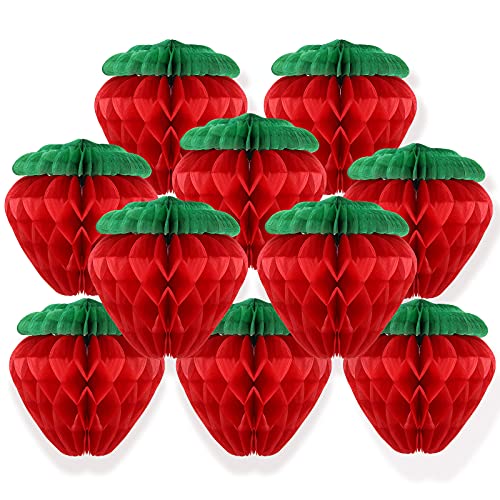 Skylety 10 Pieces 6 Inch Paper Strawberry Honeycomb Ball Tissue Paper Strawberry Ball for Strawberry Birthday Party Decoration (Red)