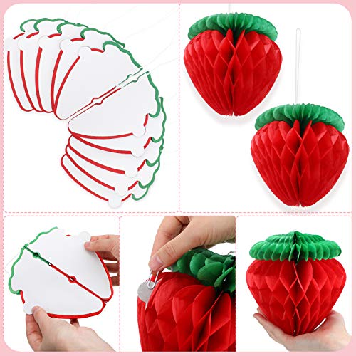 Skylety 10 Pieces 6 Inch Paper Strawberry Honeycomb Ball Tissue Paper Strawberry Ball for Strawberry Birthday Party Decoration (Red)