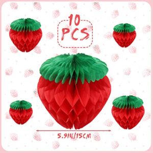 Skylety 10 Pieces 6 Inch Paper Strawberry Honeycomb Ball Tissue Paper Strawberry Ball for Strawberry Birthday Party Decoration (Red)