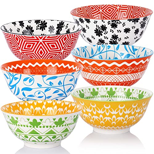 Vivimee Porcelain Cereal Bowls Set of 6, 24 Ounce Colorful Soup Bowls, Ceramic Oatmeal Bowls for Cereal, Soup, Pasta, Oatmeal, Salad and Rice, Microwave and Dishwasher Safe Eating Bowls for Kitchen