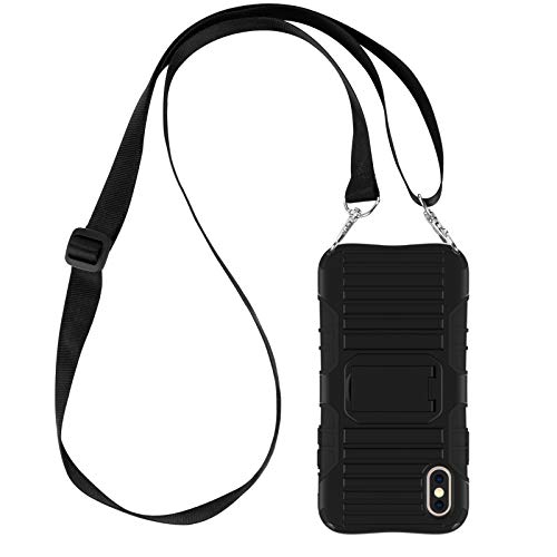 E-Tree Crossbody Lanyard Case for iPhone Xs Max (6.5 inch) with Kickstand Stand, Shockproof Dual Layered (Hard PC with Soft TPU), Anti-Lost Necklace Strap for Kids Elderly Outdoors, etc Black