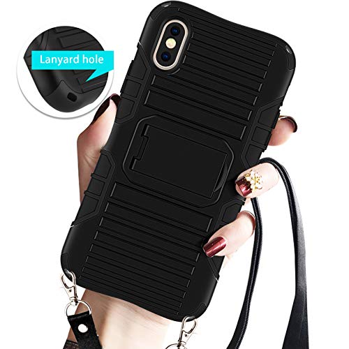 E-Tree Crossbody Lanyard Case for iPhone Xs Max (6.5 inch) with Kickstand Stand, Shockproof Dual Layered (Hard PC with Soft TPU), Anti-Lost Necklace Strap for Kids Elderly Outdoors, etc Black